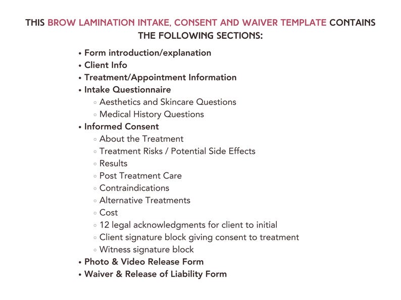 Brow Lamination Intake Forms Bundle Brow Artist Consent Template ...