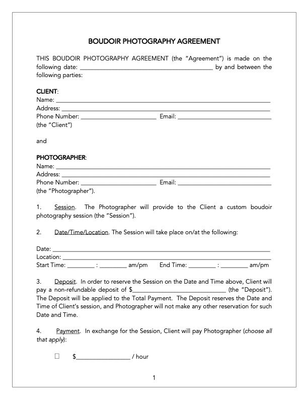 Boudoir Photography Contract Template, Boudoir Photo Session Agreement Boudoir Photographer ...
