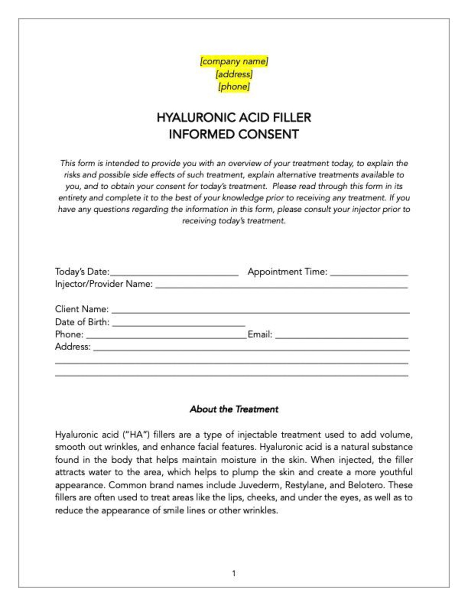 Hyaluronic Acid Consent Form, HA Dermal Filler Informed Consent ...