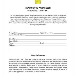 Hyaluronic Acid Consent Form, HA Dermal Filler Informed Consent ...