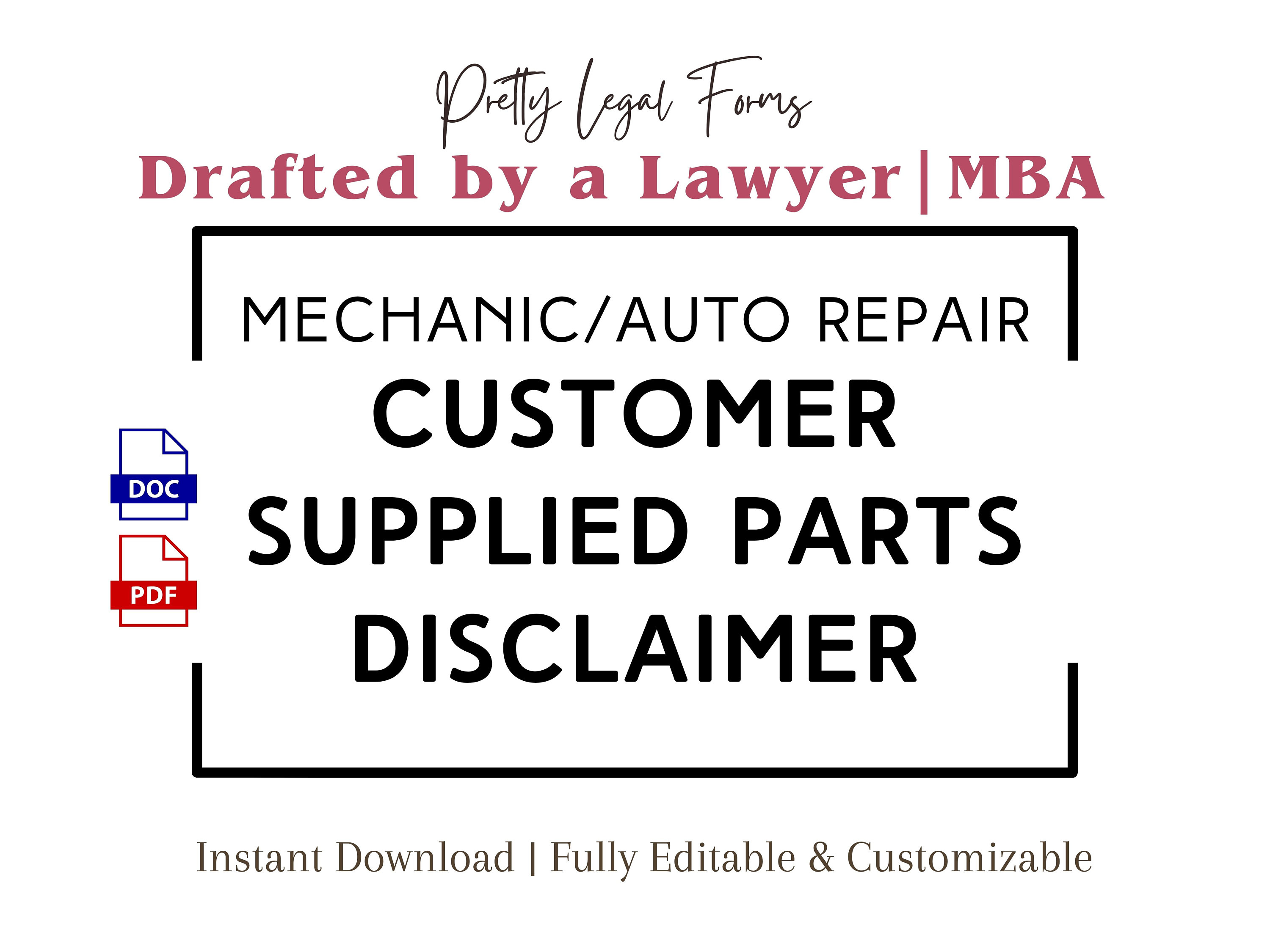 Customer Supplied Parts Disclaimer Template, Mechanic Waiver Form, Auto ...