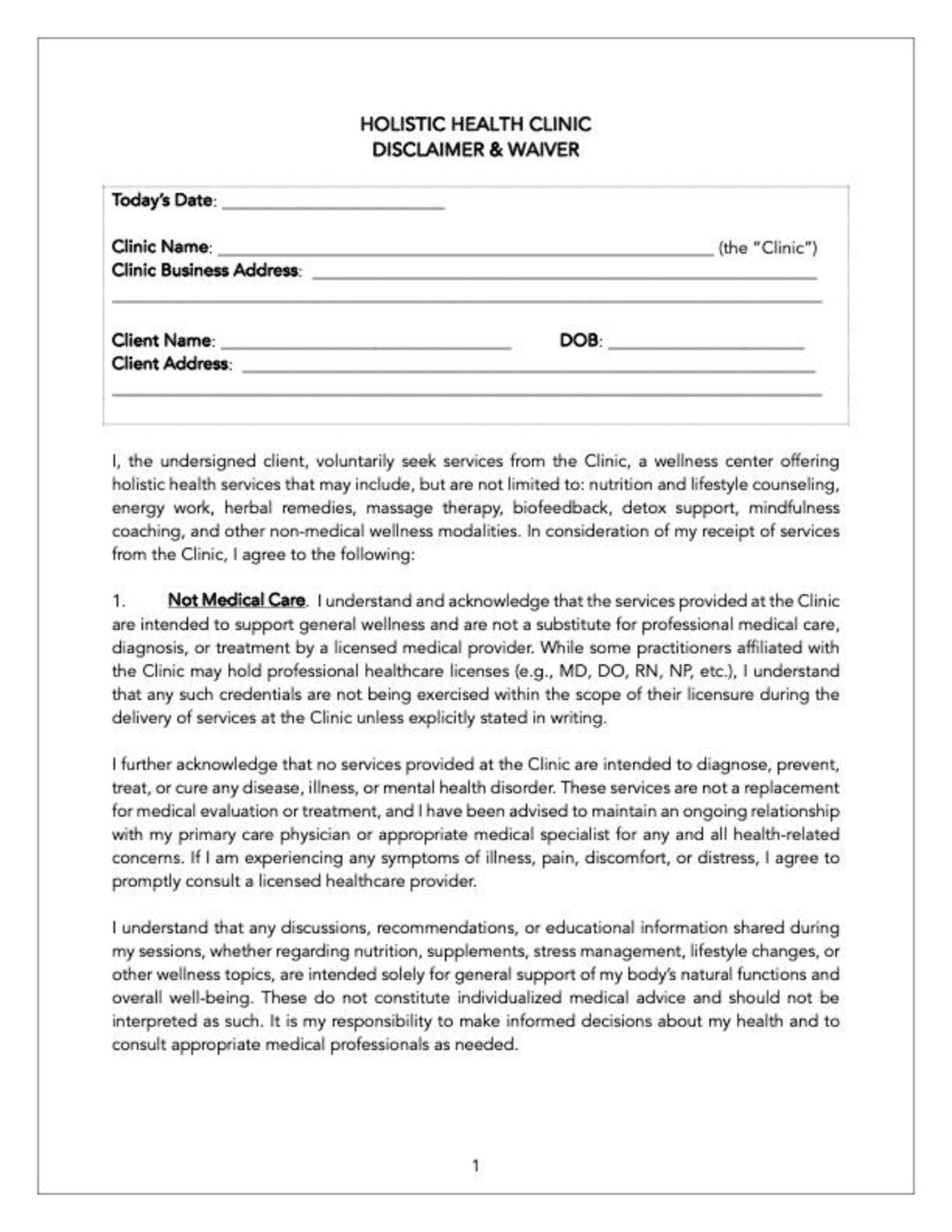 Holistic Health Waiver and Disclaimer Wellness Clinic Client Intake ...