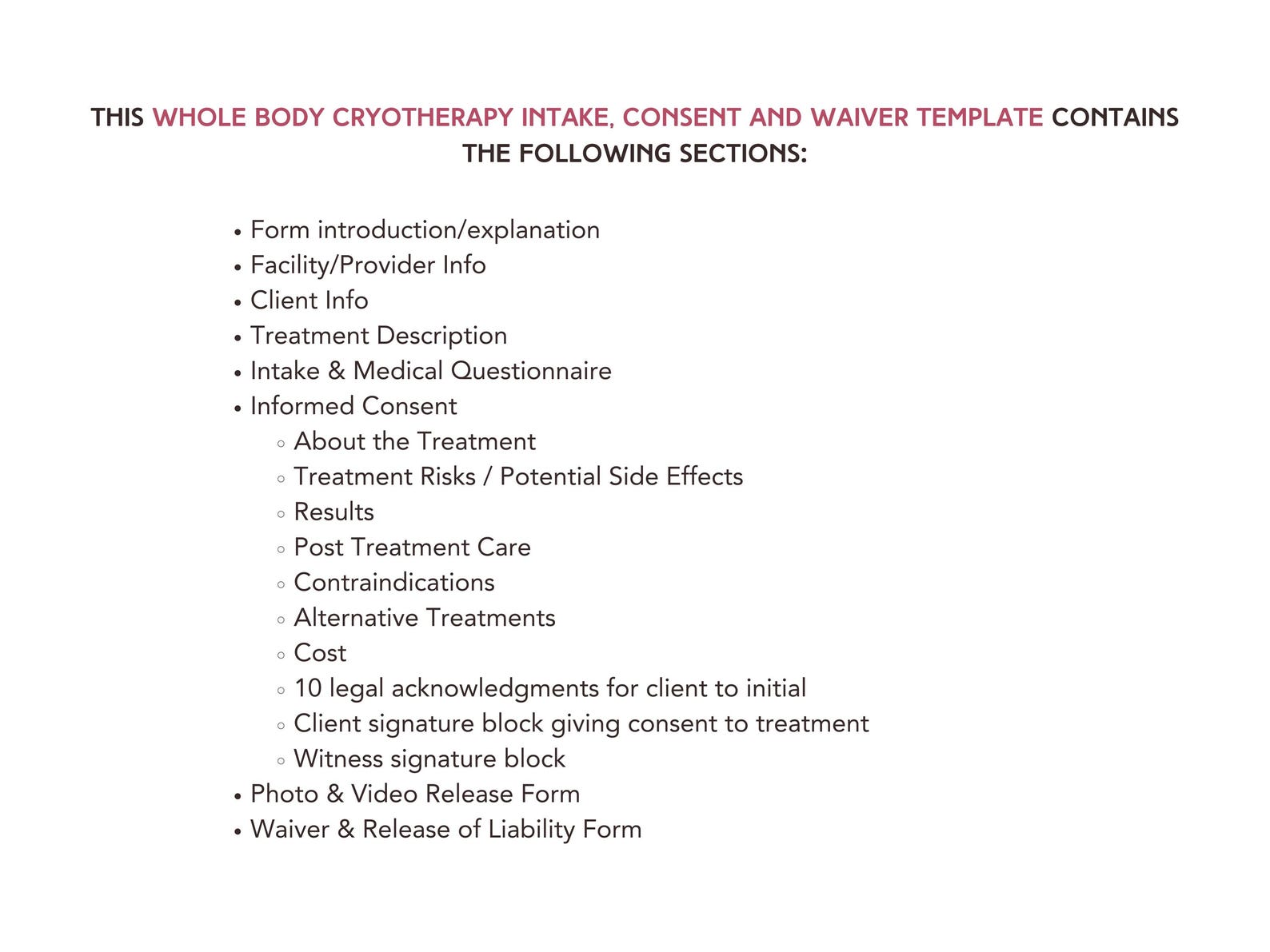 Whole Body Cryotherapy Intake Forms WBC Informed Consent Cryotherapy ...