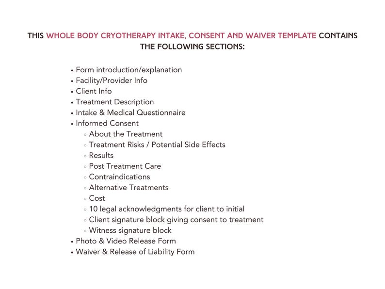 Whole Body Cryotherapy Intake Forms WBC Informed Consent Cryotherapy ...