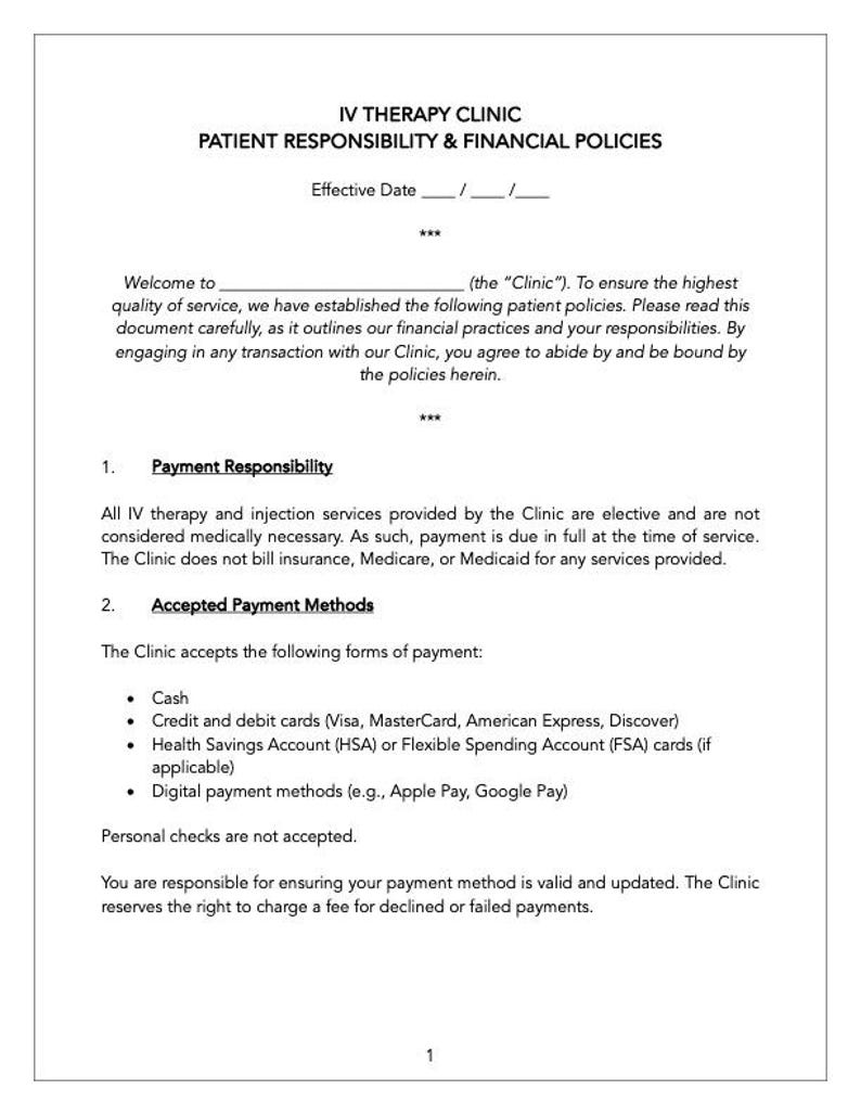 IV Drip Clinic Patient Policies IV Therapy Financial and Payment Policy ...