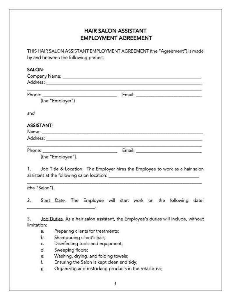 Salon Assistant Contract, Hair Salon Assistant Employment Agreement ...