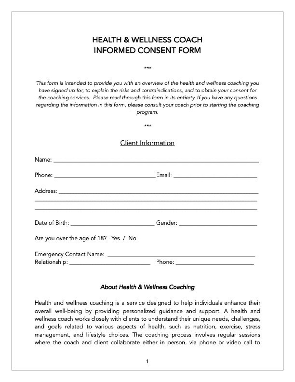 Health Coach Consent Form Wellness Coaching Informed Consent Template ...