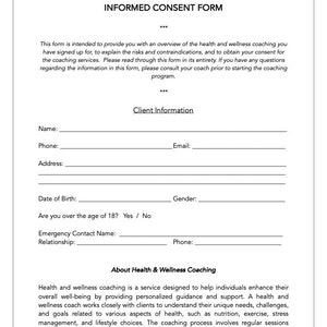 Health Coach Consent Form Wellness Coaching Informed Consent Template ...