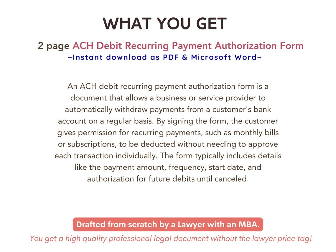 ACH Debit Authorization Form Recurring Payments Automatic Payment Form ...