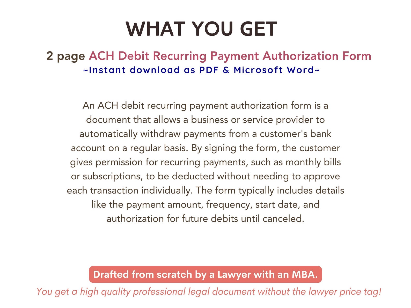 ACH Debit Authorization Form Recurring Payments Automatic Payment Form ...