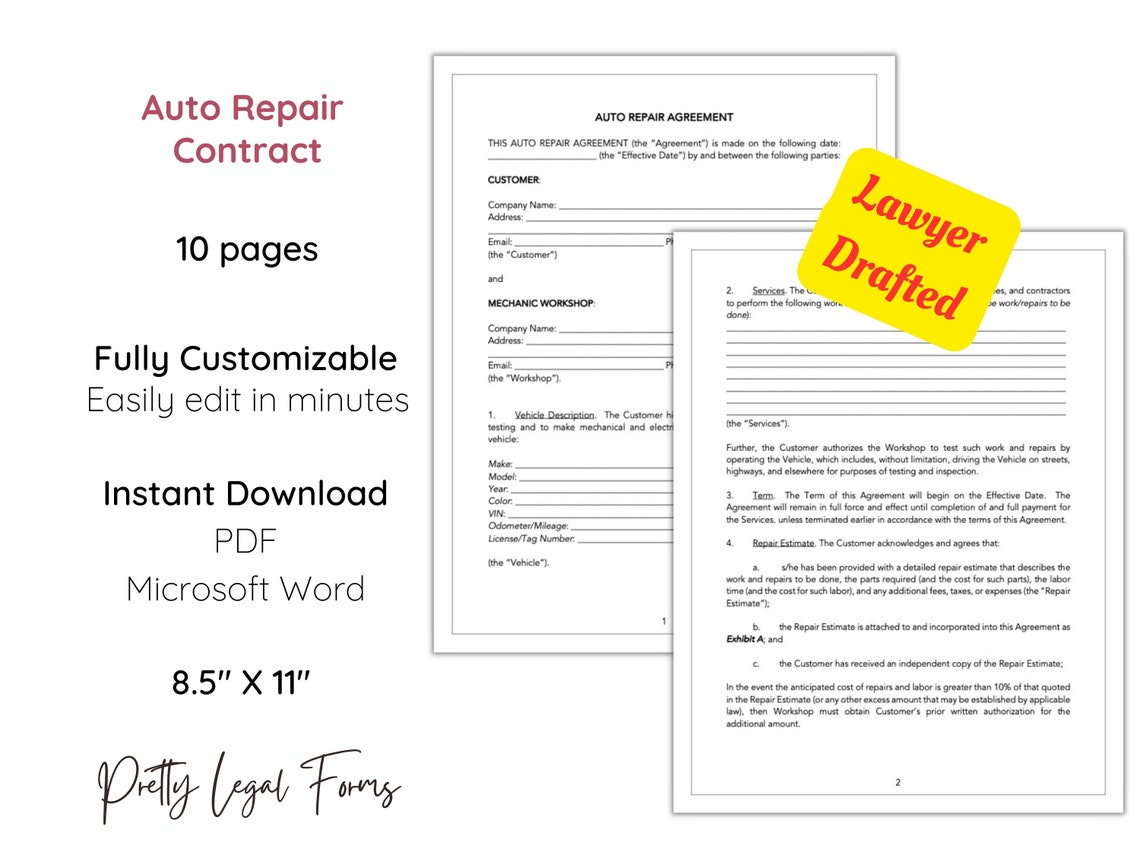 Auto Repair Contract, Mechanic Work Agreement, Car Maintenance Service ...