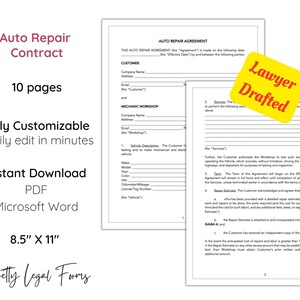 Auto Repair Contract, Mechanic Work Agreement, Car Maintenance Service ...