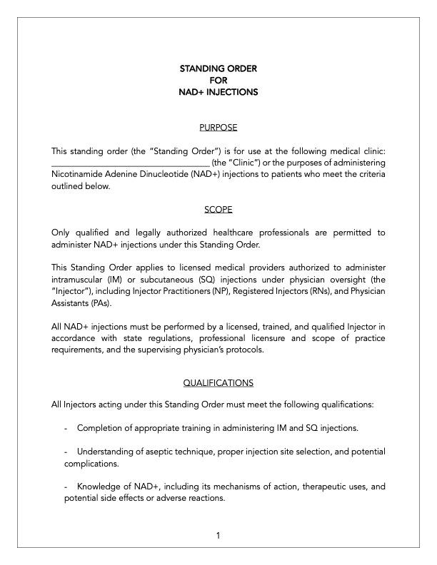 NAD+ Standing Order Template NAD Injections Protocol Medical Spa Sop ...