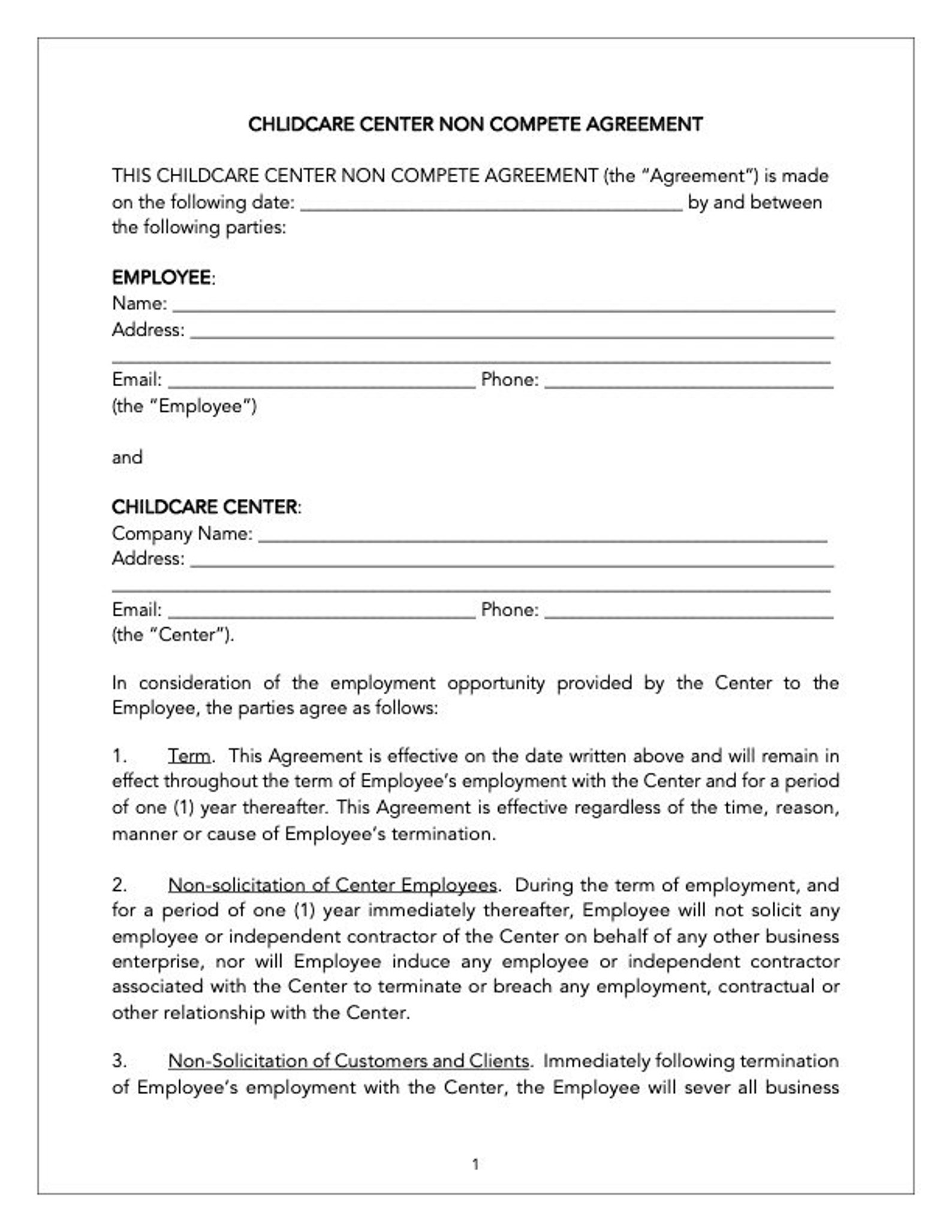 Daycare Non Compete Agreement Preschool Noncompete Agreement Child Care ...