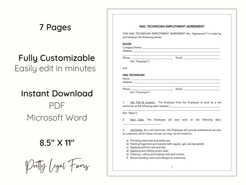 Nail Technician Employment Contract Template Nail Tech Etsy