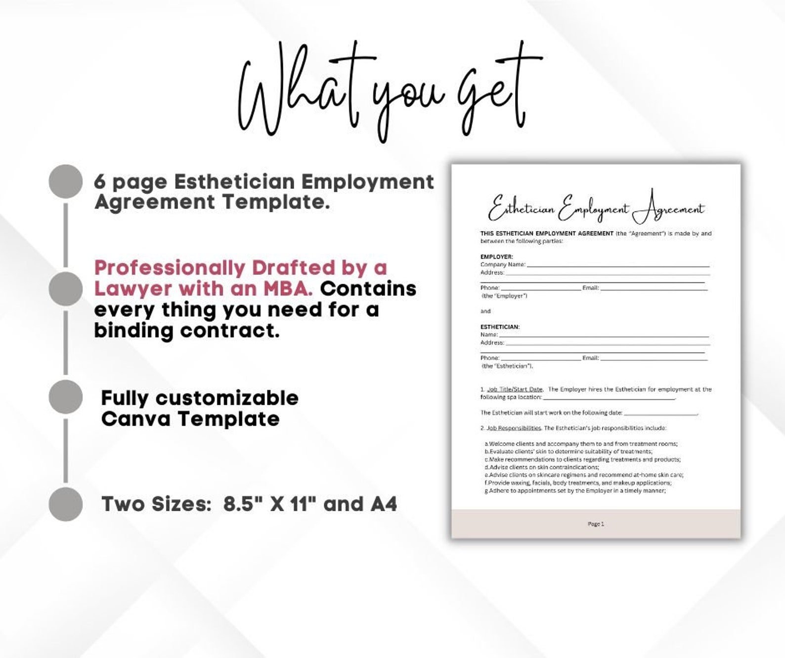 Esthetician Employment Agreement CANVA Template Editable Esthetician ...
