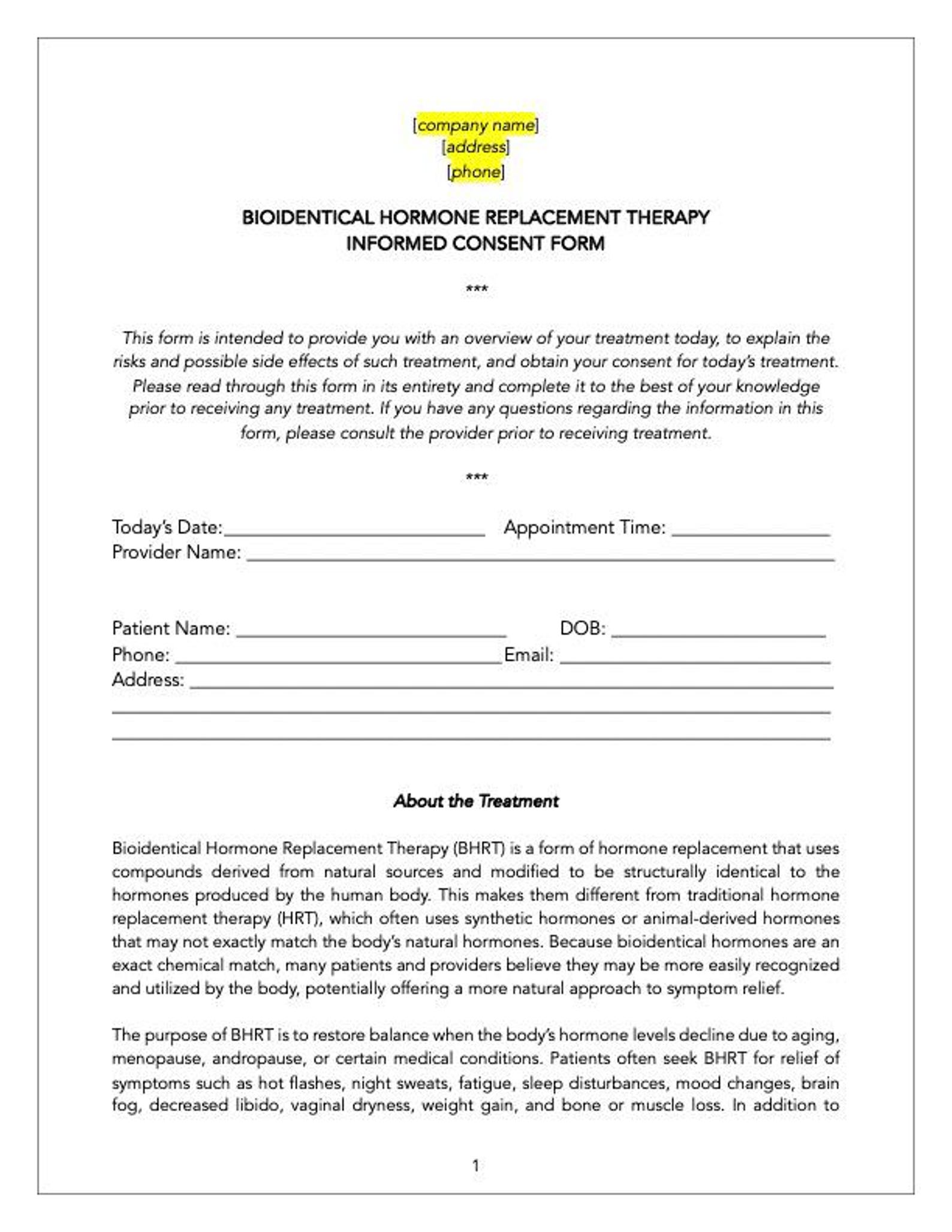 BHRT Consent Form, Bioidentical Hormone Replacement Therapy Informed ...
