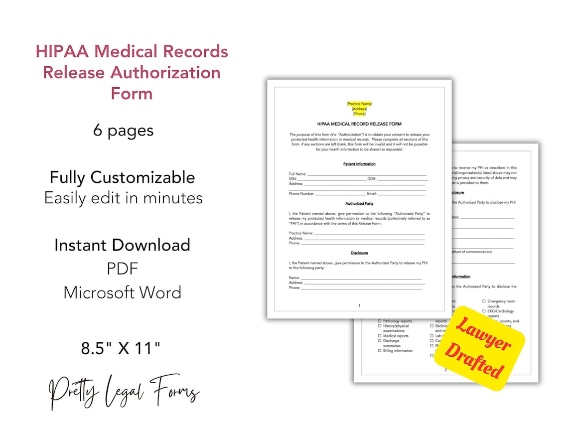 HIPAA Medical Records Release Form HIPAA Patient Consent Authorization ...