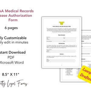 HIPAA Medical Records Release Form HIPAA Patient Consent Authorization ...