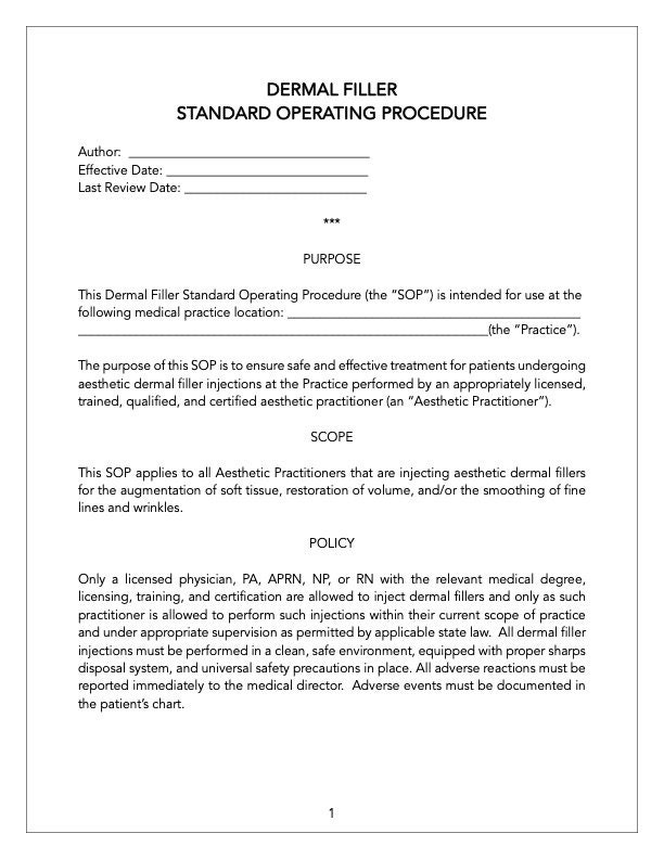 Dermal Filler SOP, Med Spa Protocol, Medical Spa Policy Standard ...
