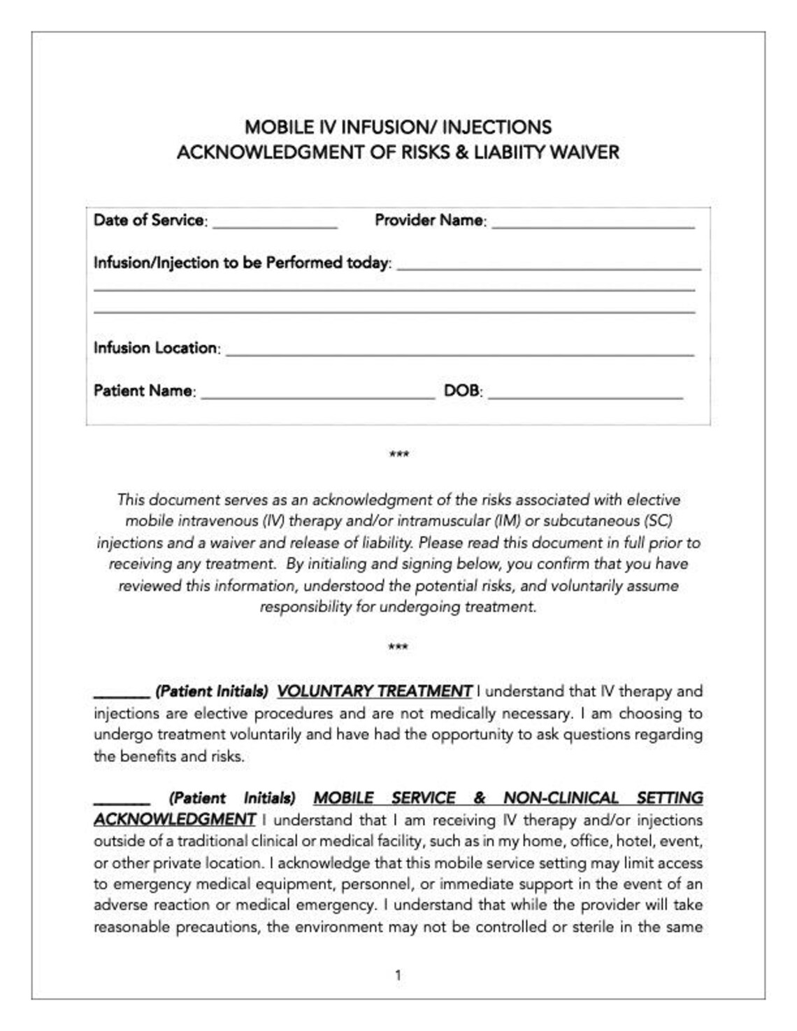 Mobile IV Therapy Acknowledgement of Risks Vitamin Injection Waiver IV ...