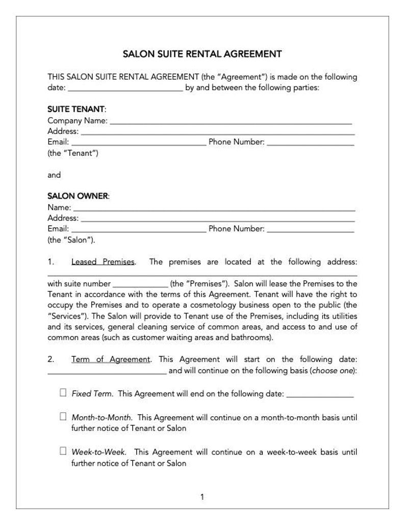Salon Suite Lease Agreement Salon Booth Rental Contract Beauty Room ...