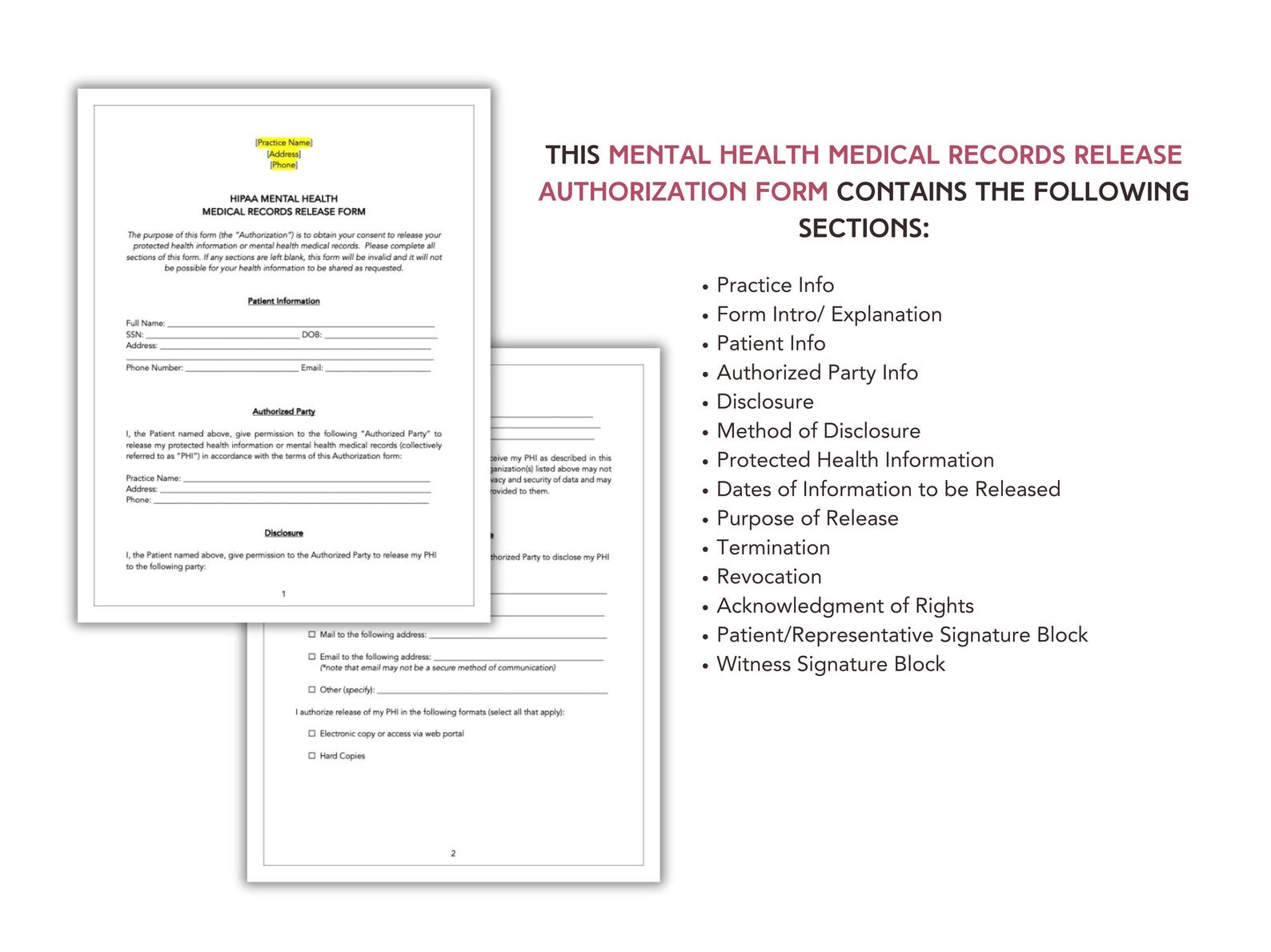Mental Health Records Release Form HIPAA Medical Records Authorization ...