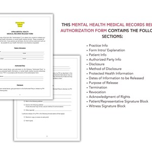 Mental Health Records Release Form HIPAA Medical Records Authorization ...