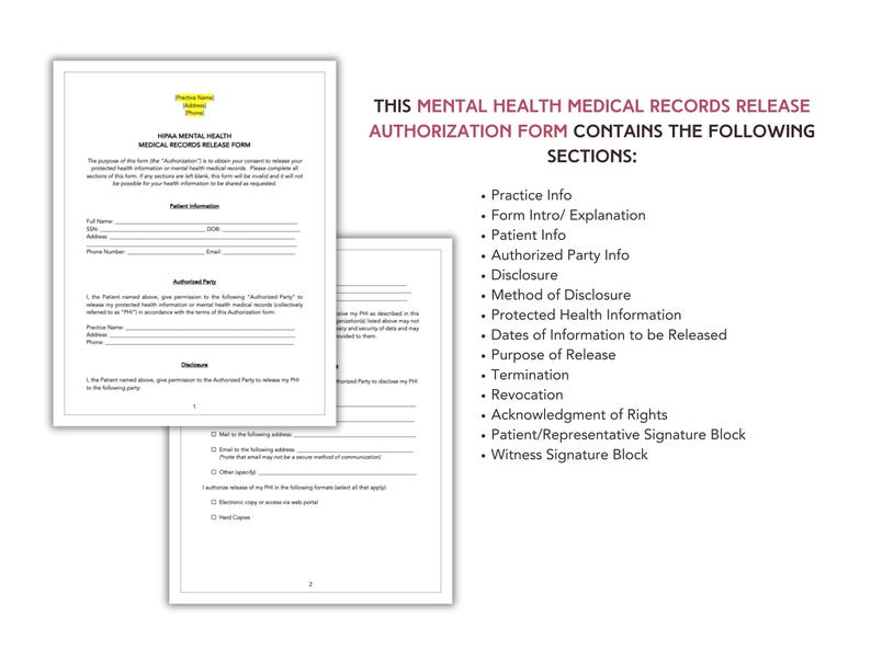 Mental Health Records Release Form HIPAA Medical Records Authorization ...