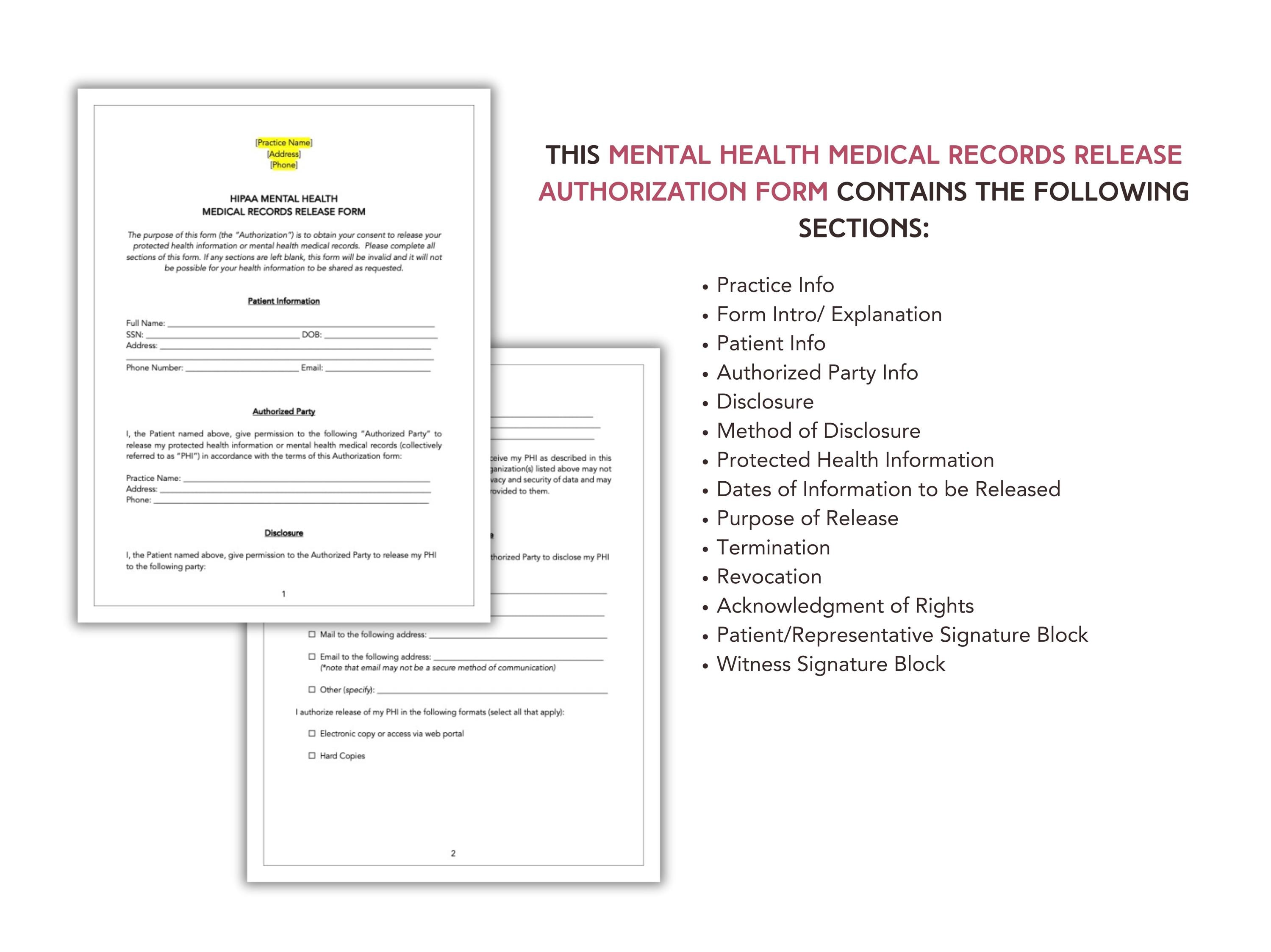 Mental Health Records Release Form HIPAA Medical Records Authorization ...
