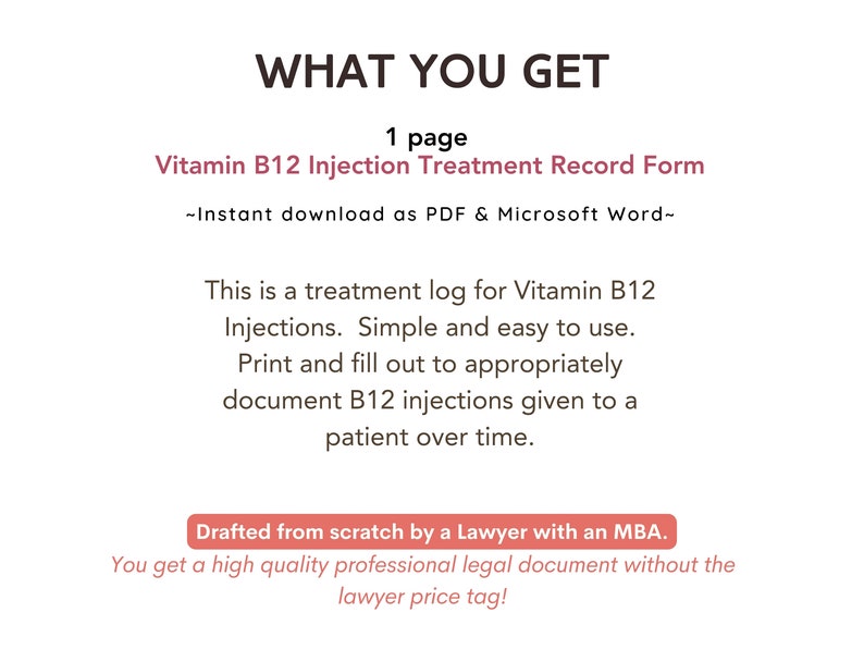 B12 Injection Treatment Record Form, Vitamin B12 Shots Treatment Log ...