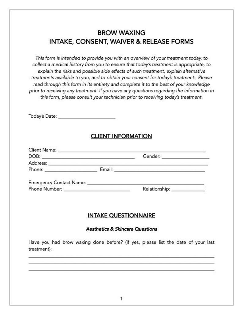 Brow Waxing Intake Forms Bundle Brow Artist Waxing Consent Form ...