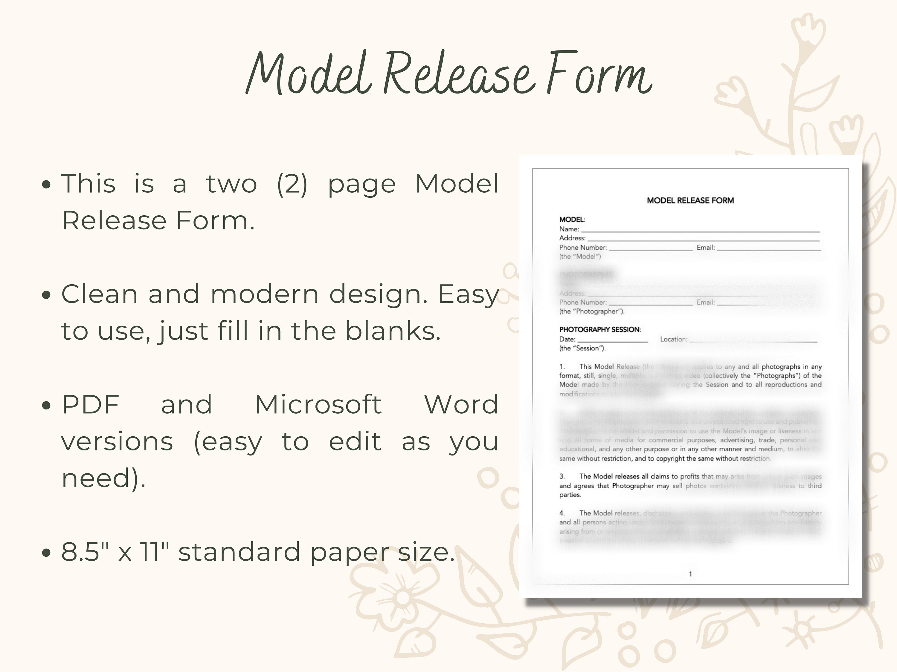 Model Release Form, Photographer Model Release Form Template, Instant ...