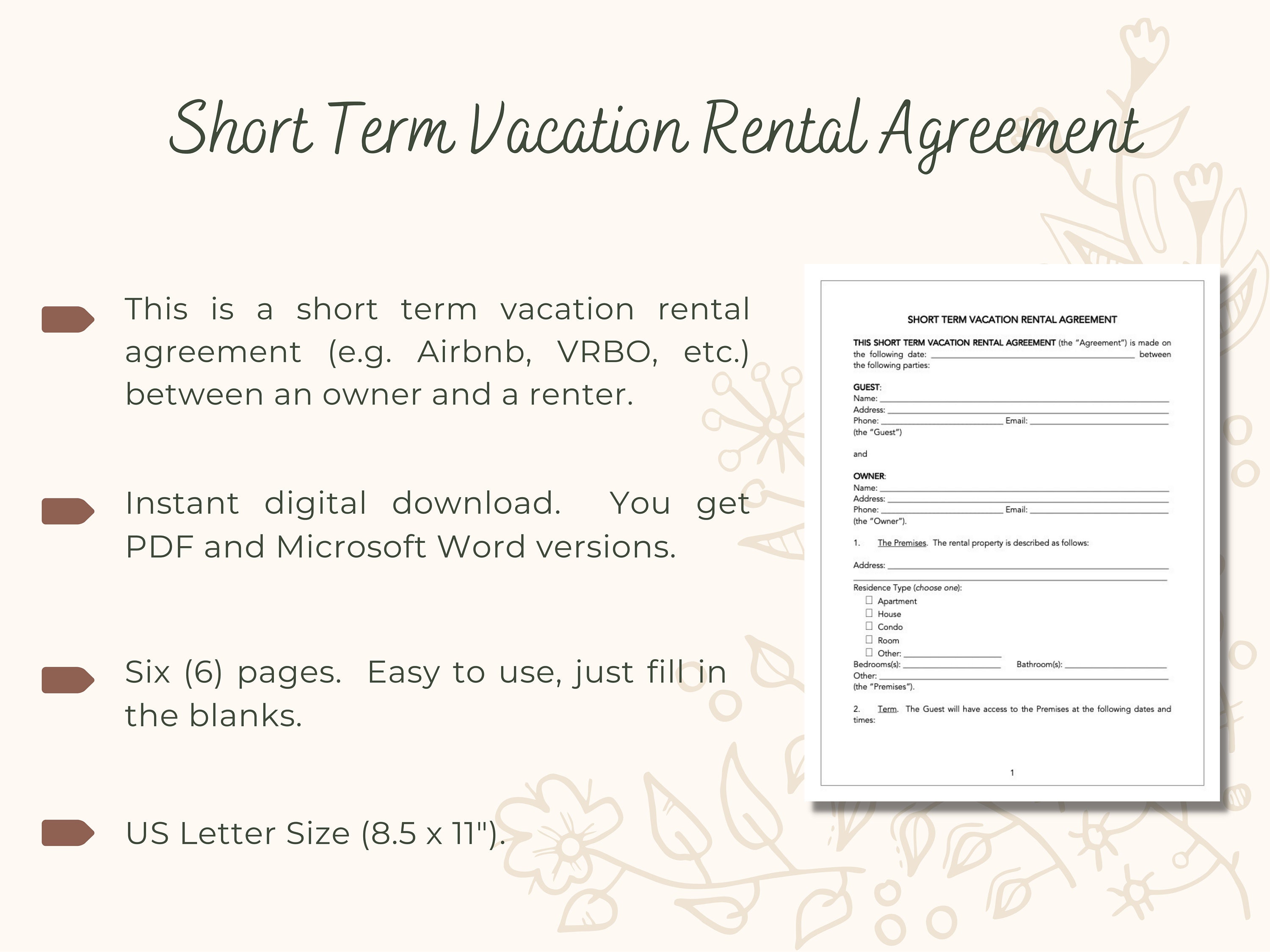 Short Term Vacation Rental Contract Template Airbnb Contract VRBO ...