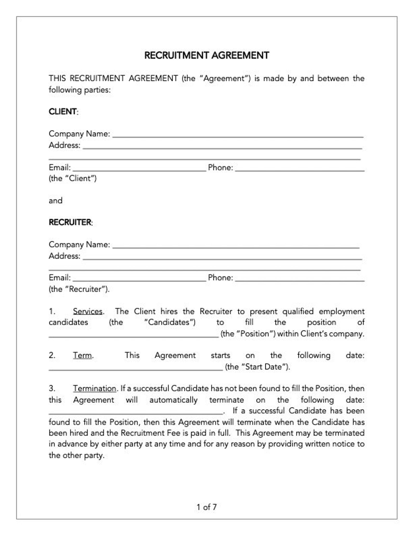 Recruitment Agreement Contract Template, Employment Recruiter Contract ...