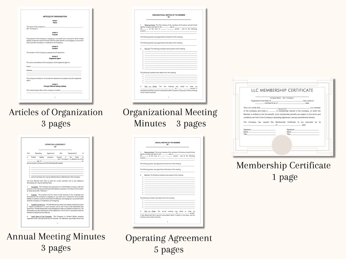 LLC Documents LLC Kit With Operating Agreement, Meeting Minutes ...