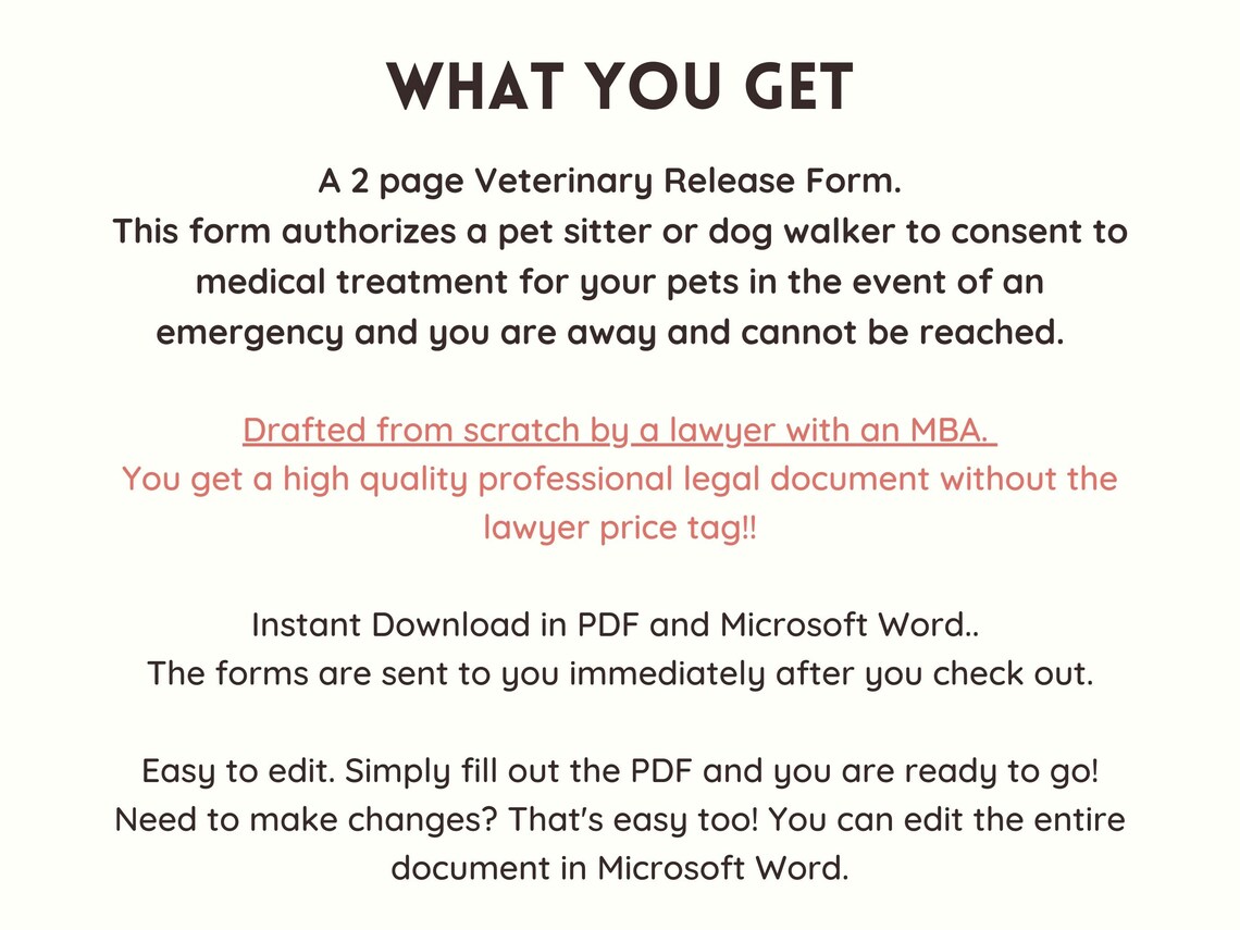 Veterinary Release Form | Pet Medical Consent Legal Template | Pet ...