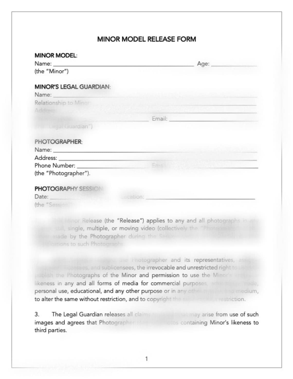 Minor Model Release Form, Photographer Child Model Release Form ...