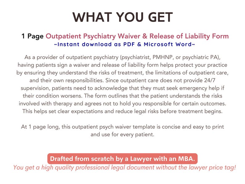 Outpatient Psychiatry Waiver and Release of Liability Template Mental ...