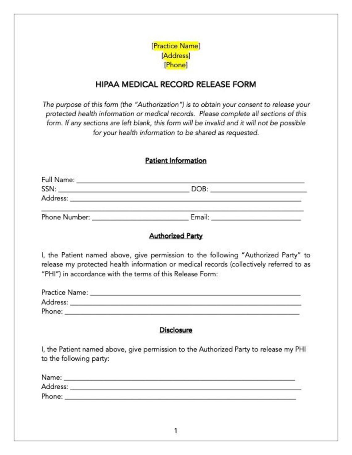 HIPAA Medical Records Release Form HIPAA Patient Consent Authorization ...