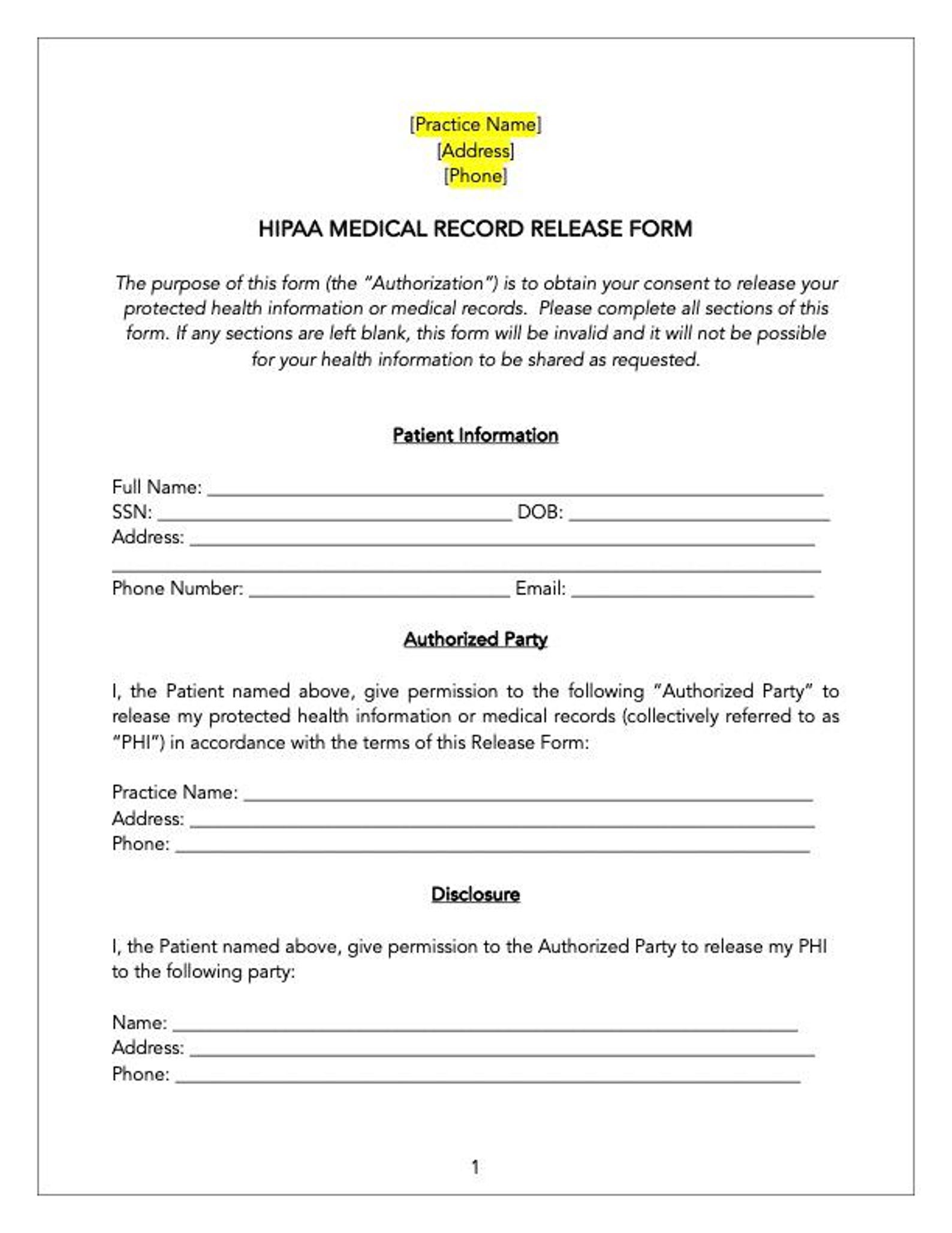 HIPAA Medical Records Release Form HIPAA Patient Consent Authorization ...