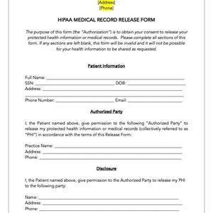 HIPAA Medical Records Release Form HIPAA Patient Consent Authorization ...