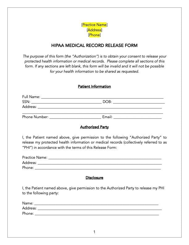 HIPAA Medical Records Release Form HIPAA Patient Consent Authorization ...