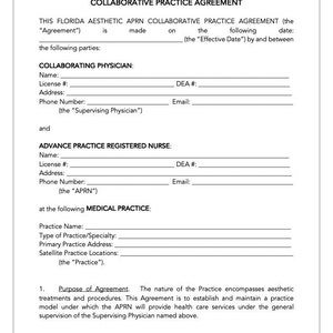 Florida APRN Collaborative Practice Agreement, FL Collaborative Protocol Aesthetic Nurse ...