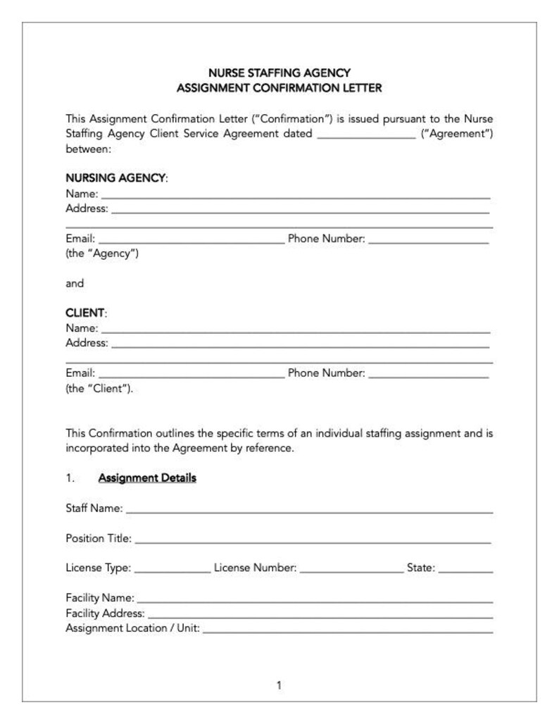 Nurse Assignment Confirmation Letter Nurse Staffing Agency Forms ...