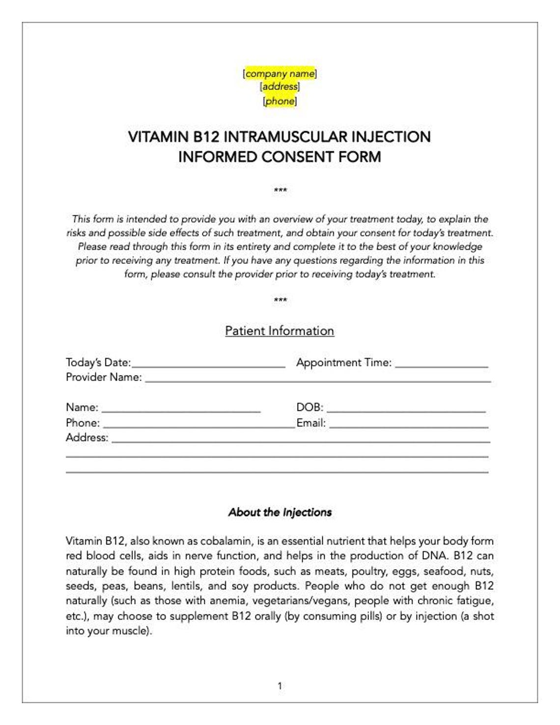 Vitamin B12 Shot Consent Form B-12 IM Injection Informed Consent ...