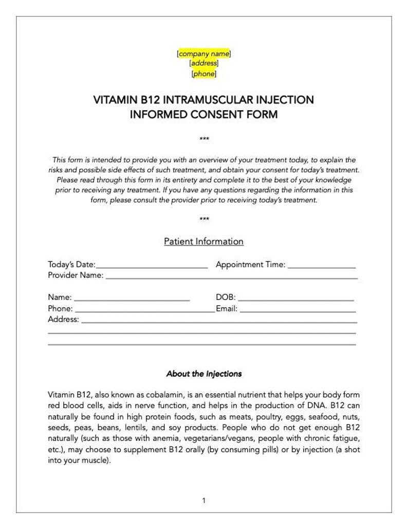 Vitamin B12 Shot Consent Form B-12 IM Injection Informed Consent Template IV Therapy Vitamin ...