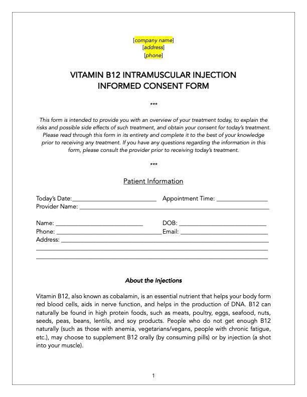 Vitamin B12 Shot Consent Form B-12 IM Injection Informed Consent ...