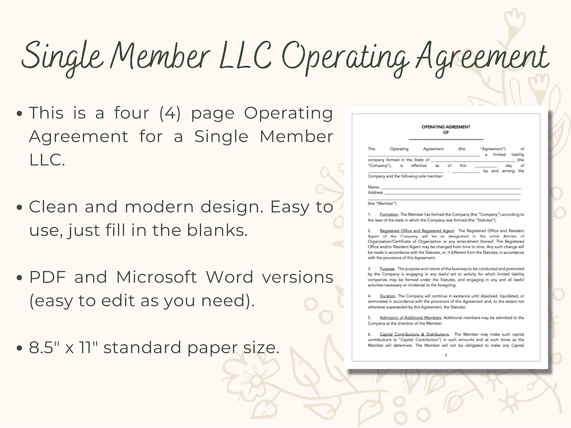 Single Member LLC Operating Agreement Contract Template, Printable and ...