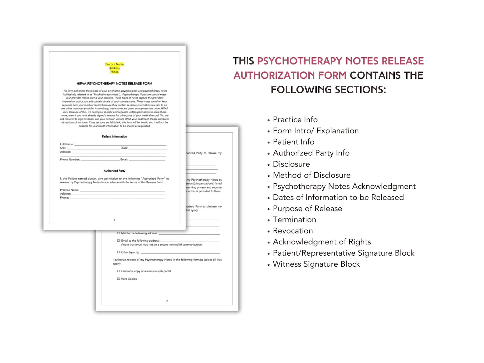 Mental Health Records Release Form HIPAA Medical Records Authorization ...